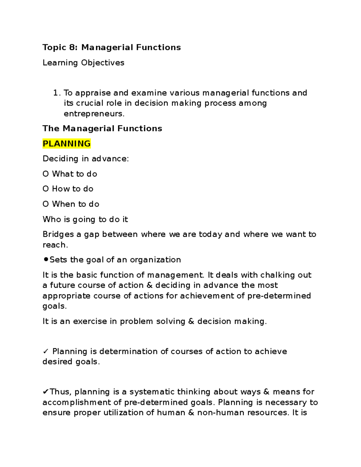 Entrepreneurship Managerial Functions - Topic 8: Managerial Functions Learning Objectives To ...