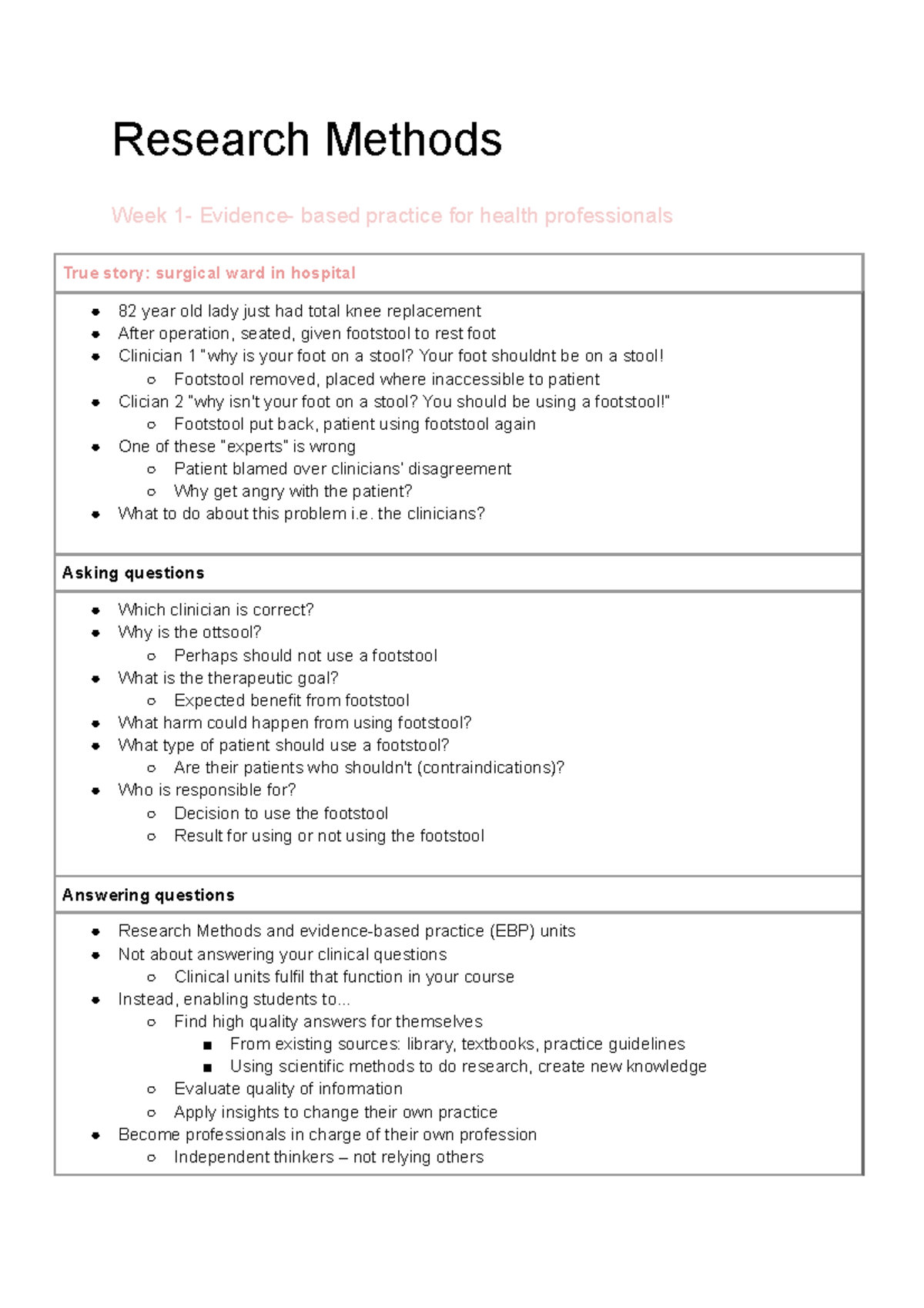 Research Methods - notes - Research Methods Week 1- Evidence- based ...