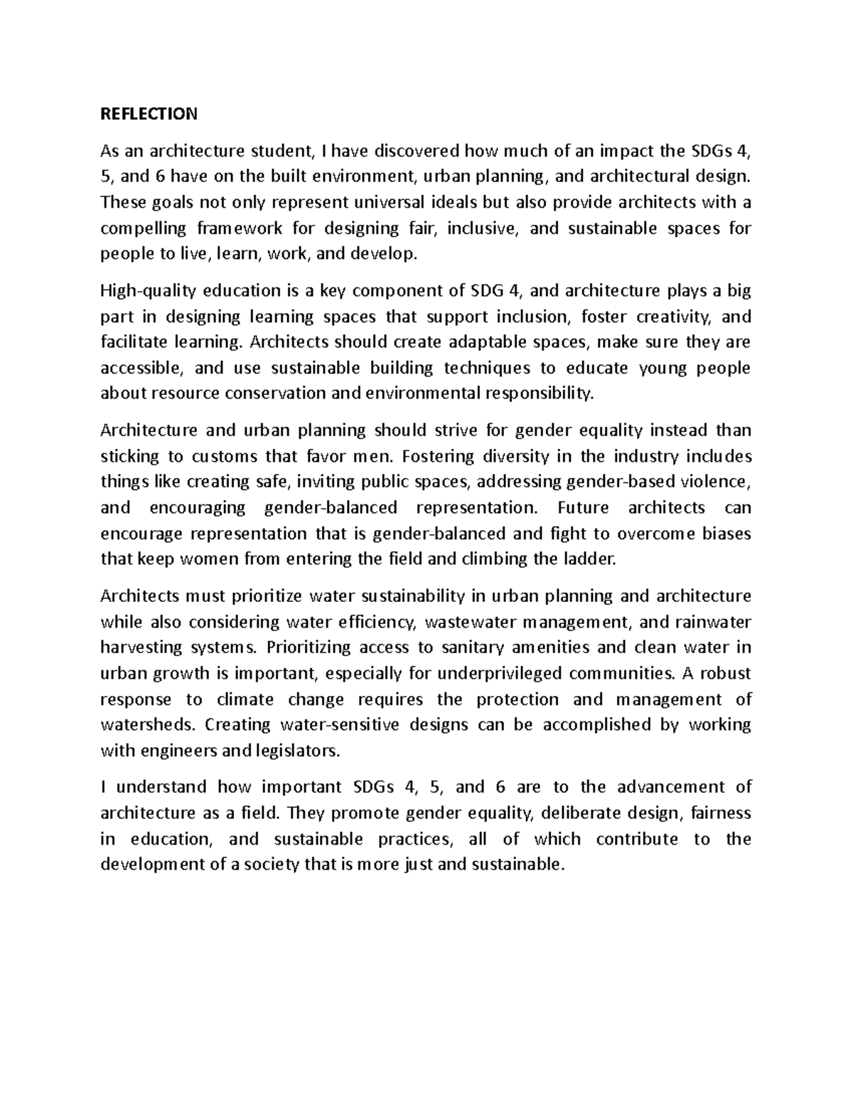 Reflection(wk3) - SDG 2-3 - REFLECTION As an architecture student, I ...