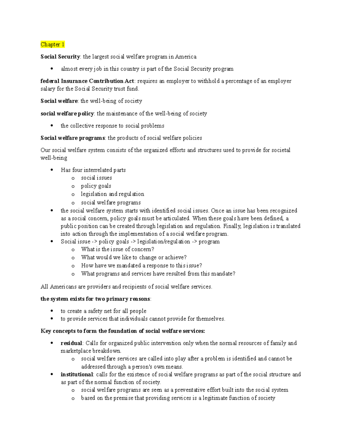 Chapter 1 notes - Chapter 1 Social Security: the largest social welfare ...