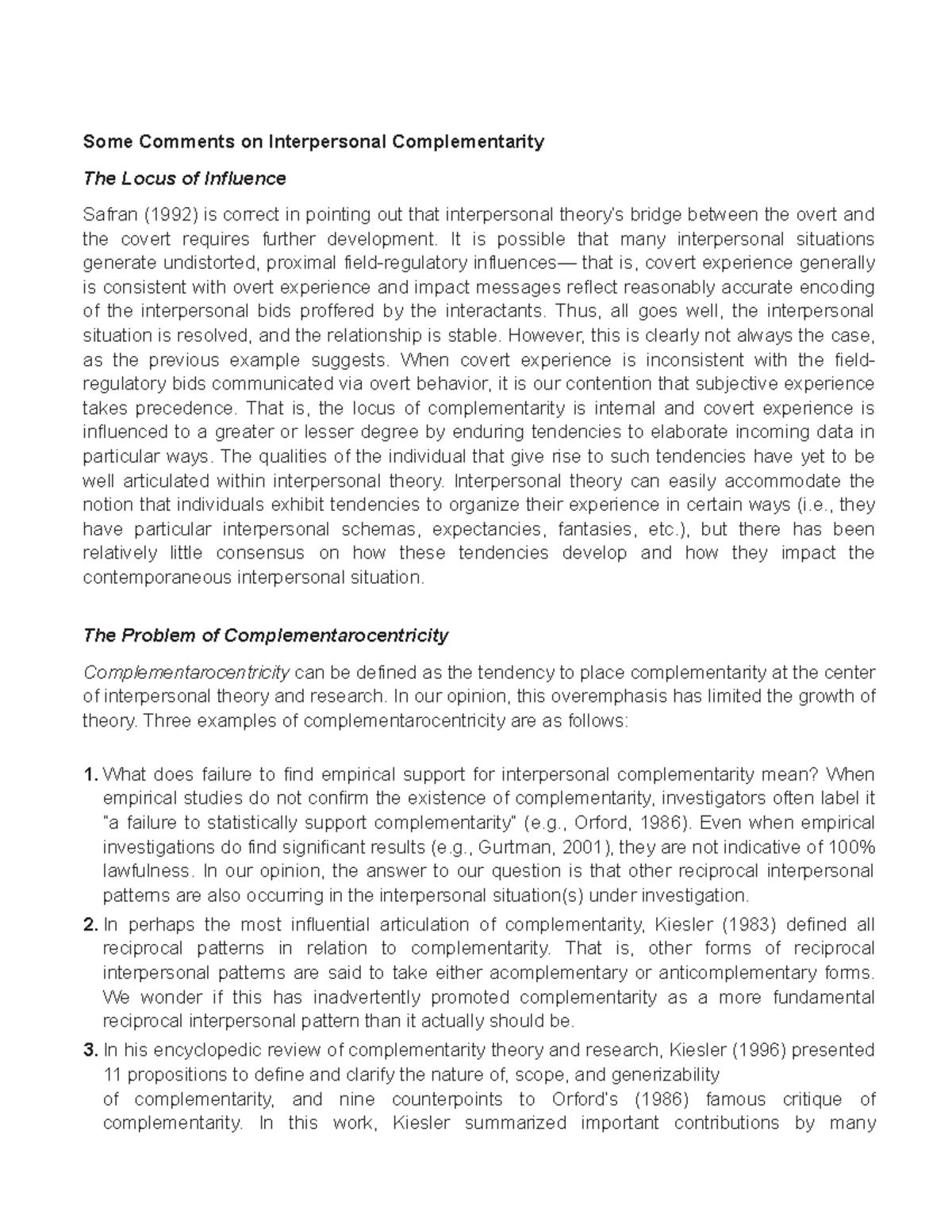 Interpersonal Theory of Personality - Some Comments on Interpersonal Complementarity The Locus ...