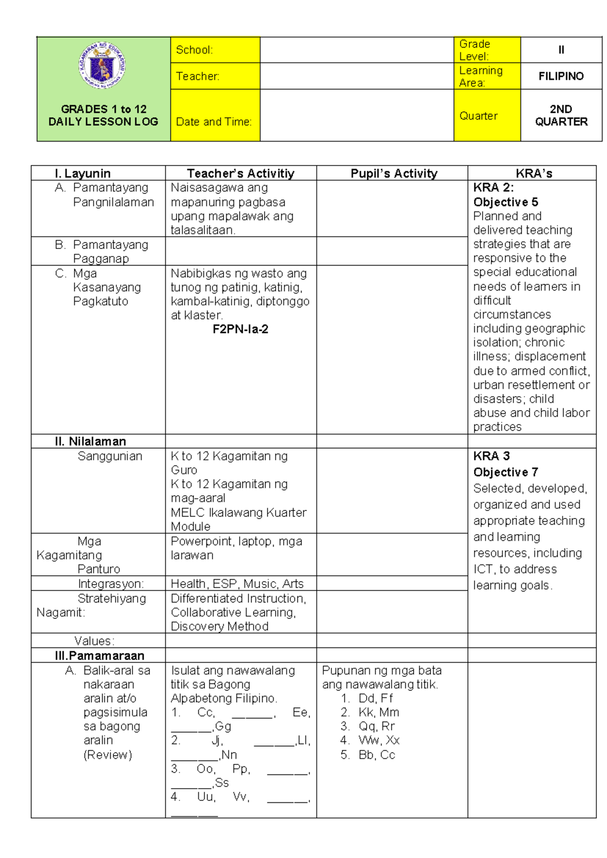 COT GR2 LP Q2 Filipno - GRADES 1 to 12 DAILY LESSON LOG School: Grade ...