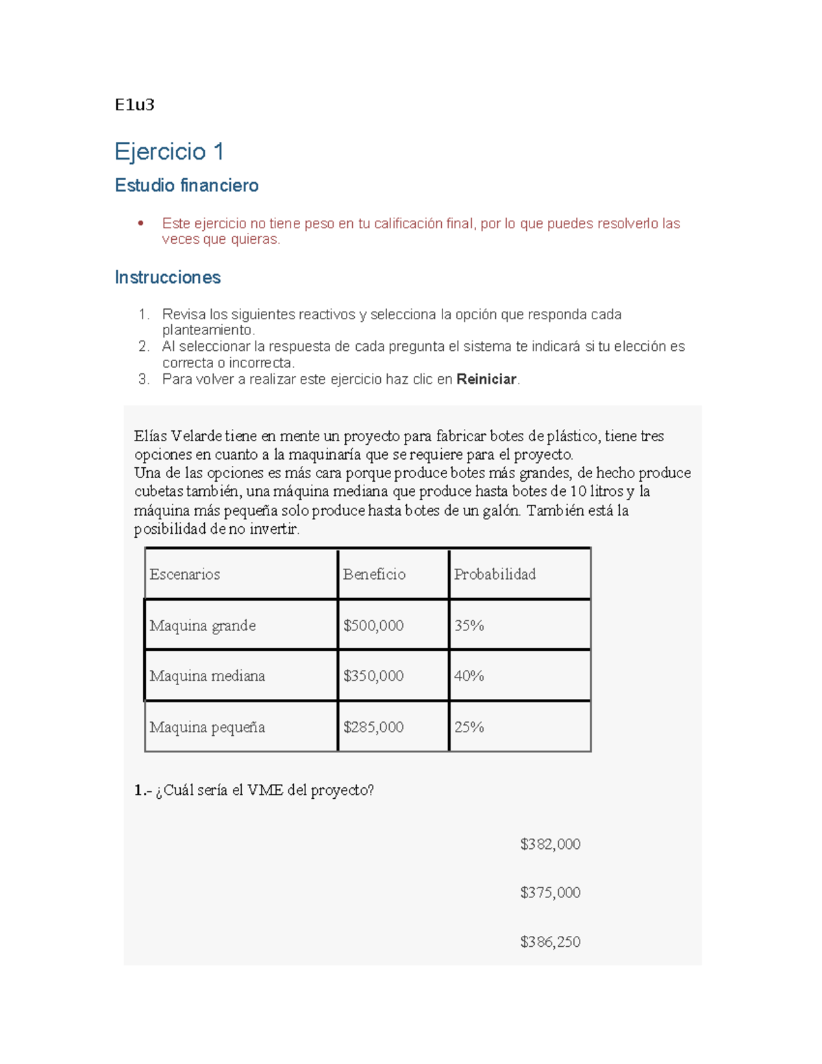E1u3 fc - ejercicio uno unidad 3 - E1u Ejercicio 1 Estudio financiero Este ejercicio no tiene ...