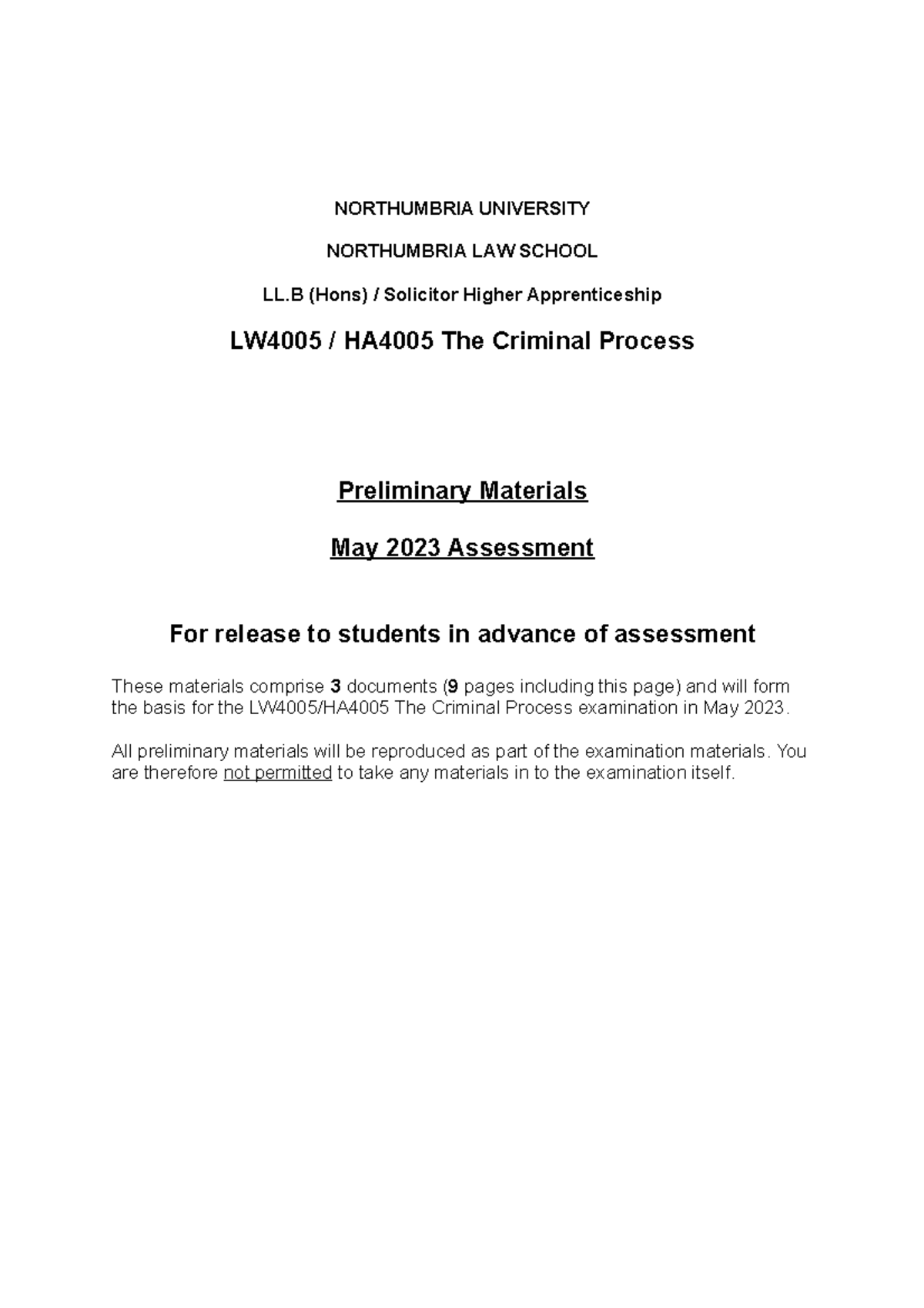 Preliminary Materials May 2023 - NORTHUMBRIA UNIVERSITY NORTHUMBRIA LAW ...