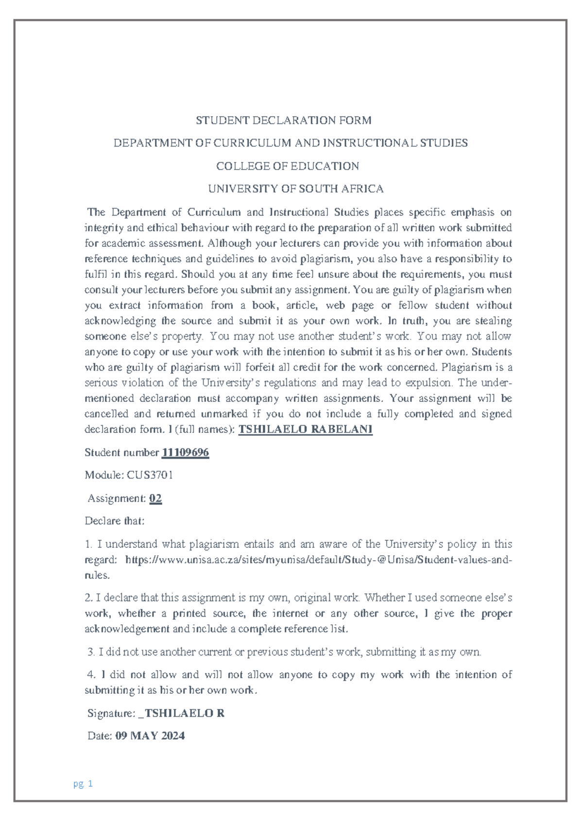 Curriculum Studies 3701 Assignment 2 - STUDENT DECLARATION FORM ...