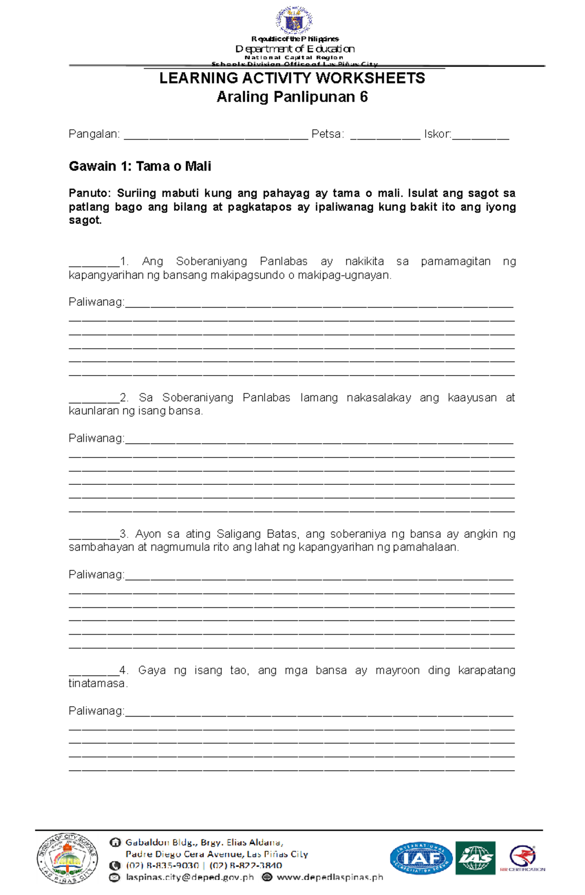 AP6 3rd Q LAW2 week 3 4 - pls answer - LEARNING ACTIVITY WORKSHEETS Araling Panlipunan 6 ...