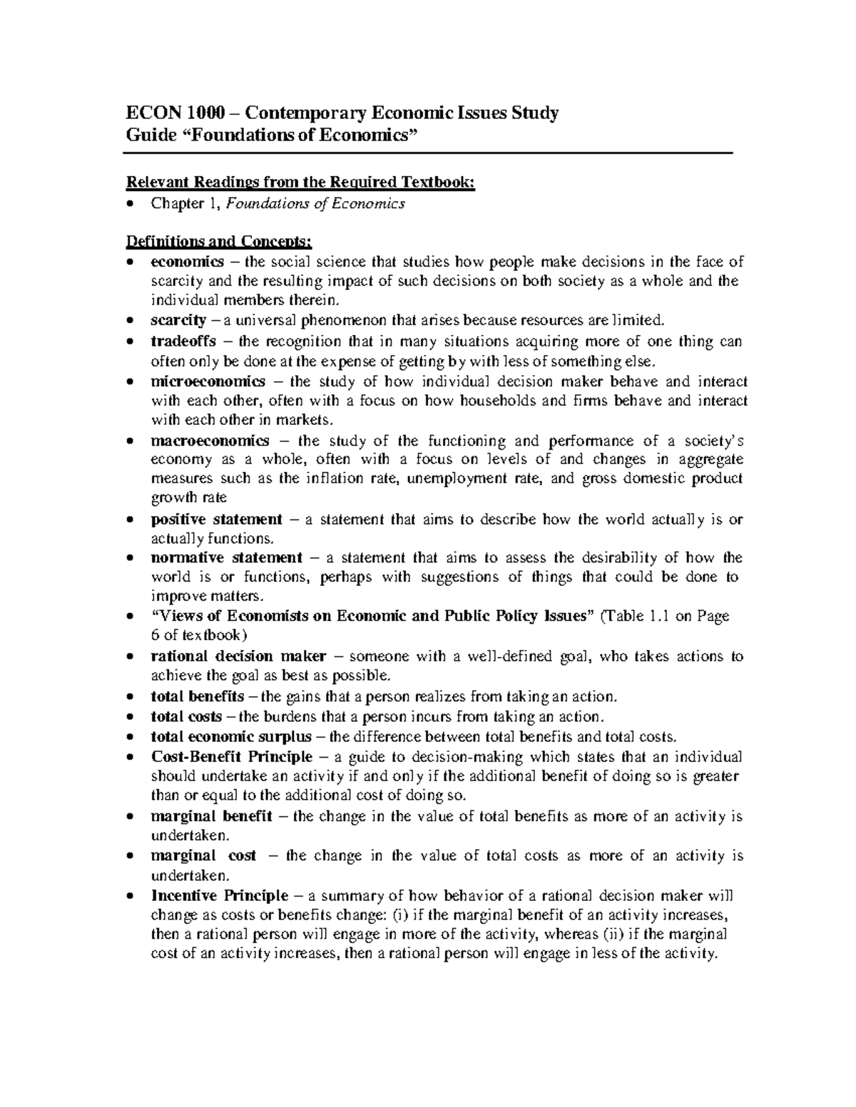Chapter 1 Study Guide - ECON 1000 – Contemporary Economic Issues ...