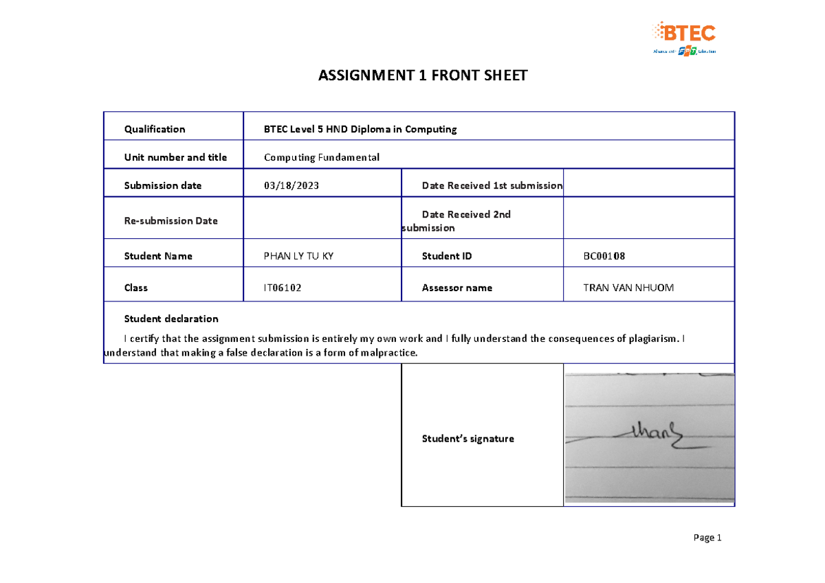 1 - Some examples - ASSIGNMENT 1 FRONT SHEET Qualification BTEC Level 5 ...