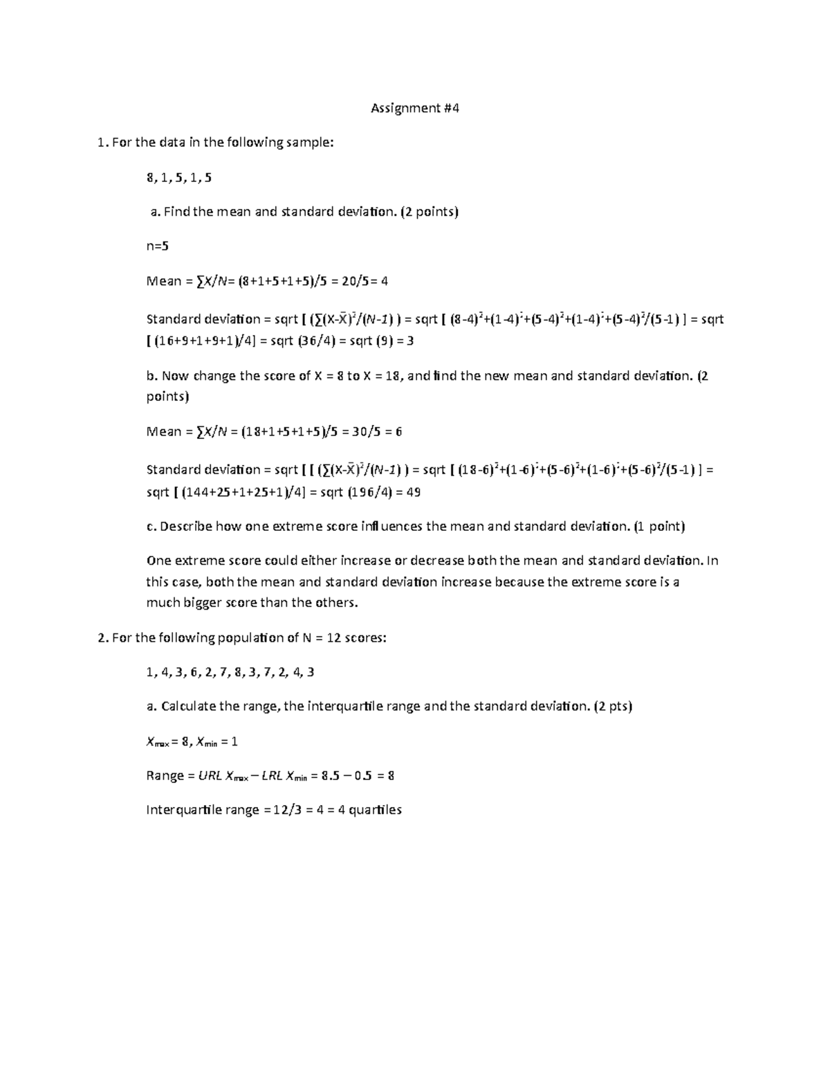 Statistics Assignment 1: Mean Standard Deviation Range and Variance ...