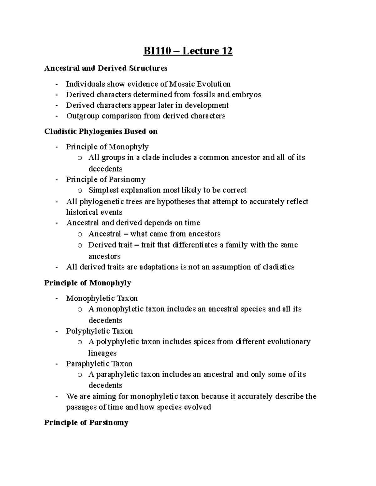 Lecture 12 - Dr. Tristan Long - BI110 – Lecture 12 Ancestral and ...