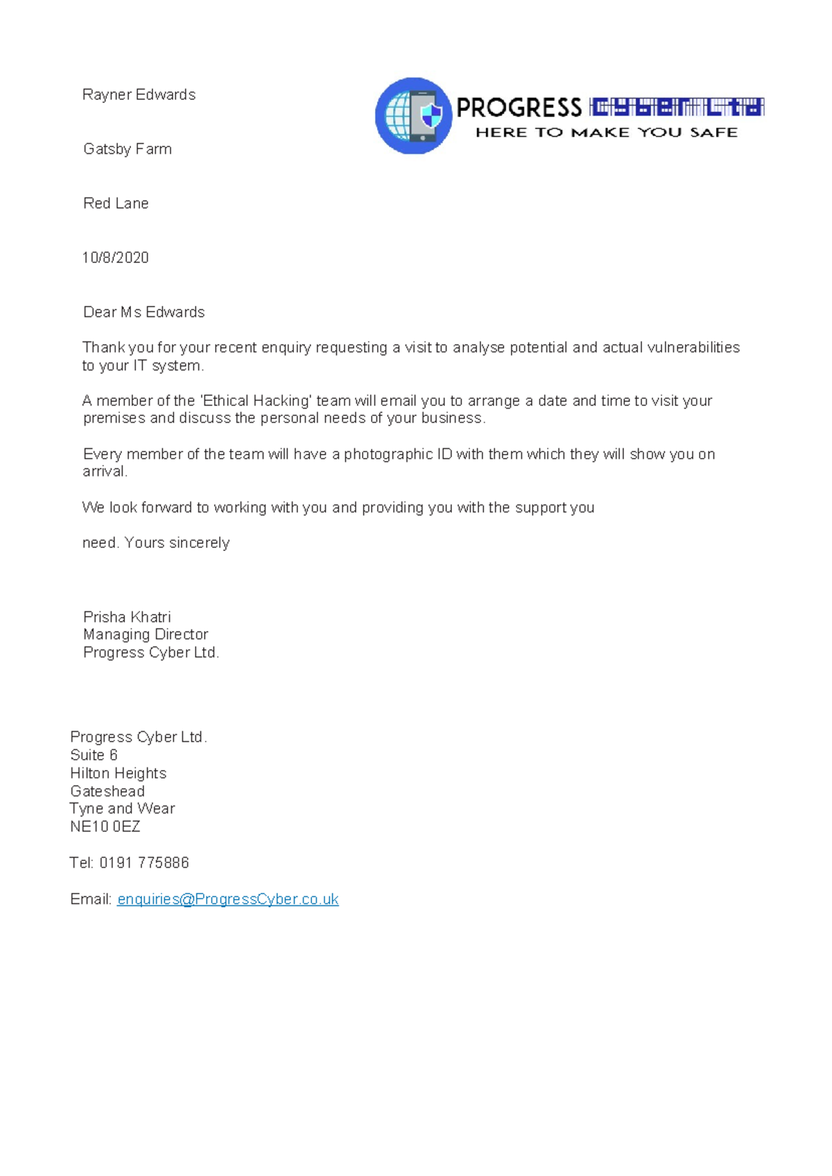 Clientele letters - Rayner Edwards Gatsby Farm Red Lane 10/8/ Dear Ms ...