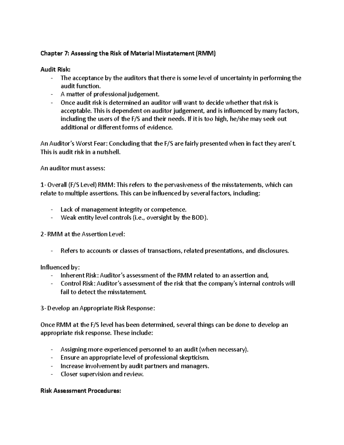 Chapter 7 - Chapter 7: Assessing the Risk of Material Misstatement (RMM ...