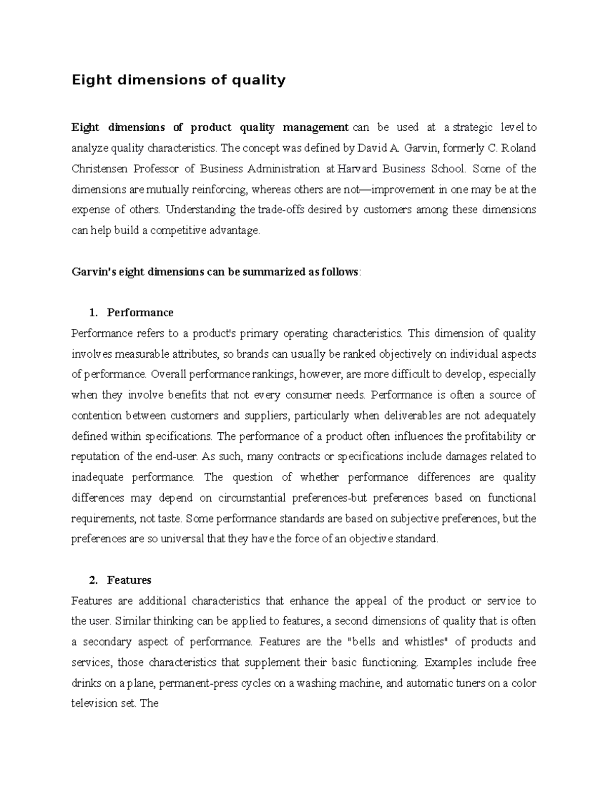 Eight Dimensions of Quality - Eight dimensions of quality Eight ...