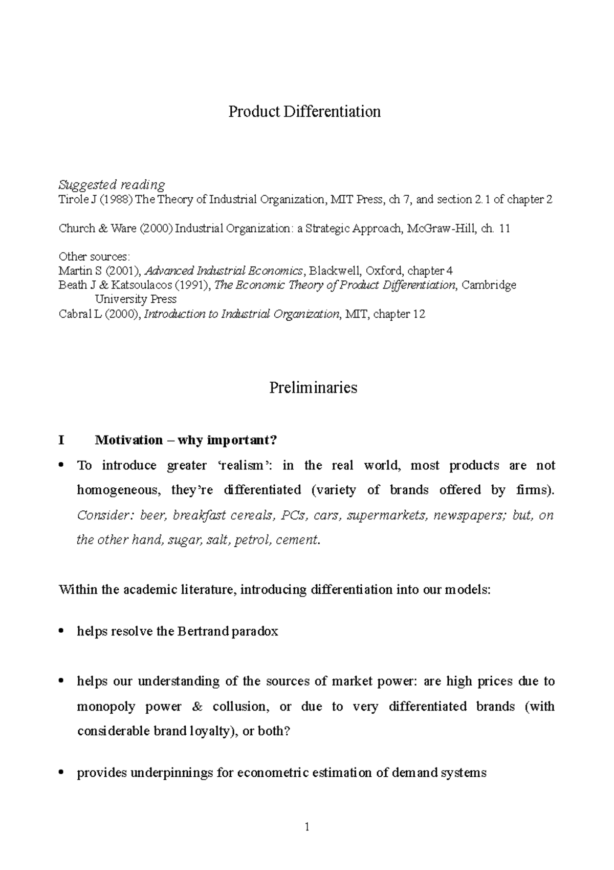 Vertical Differentiation - Product Differentiation Suggested reading ...