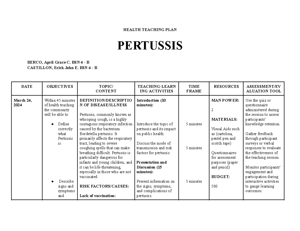 Health Teaching PLAN ( Pertussis) - HEALTH TEACHING PLAN PERTUSSIS ...