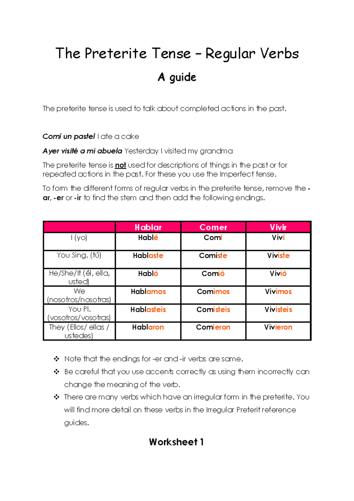 Preterite Tense Booklet - The Preterite Tense – Regular Verbs A guide ...