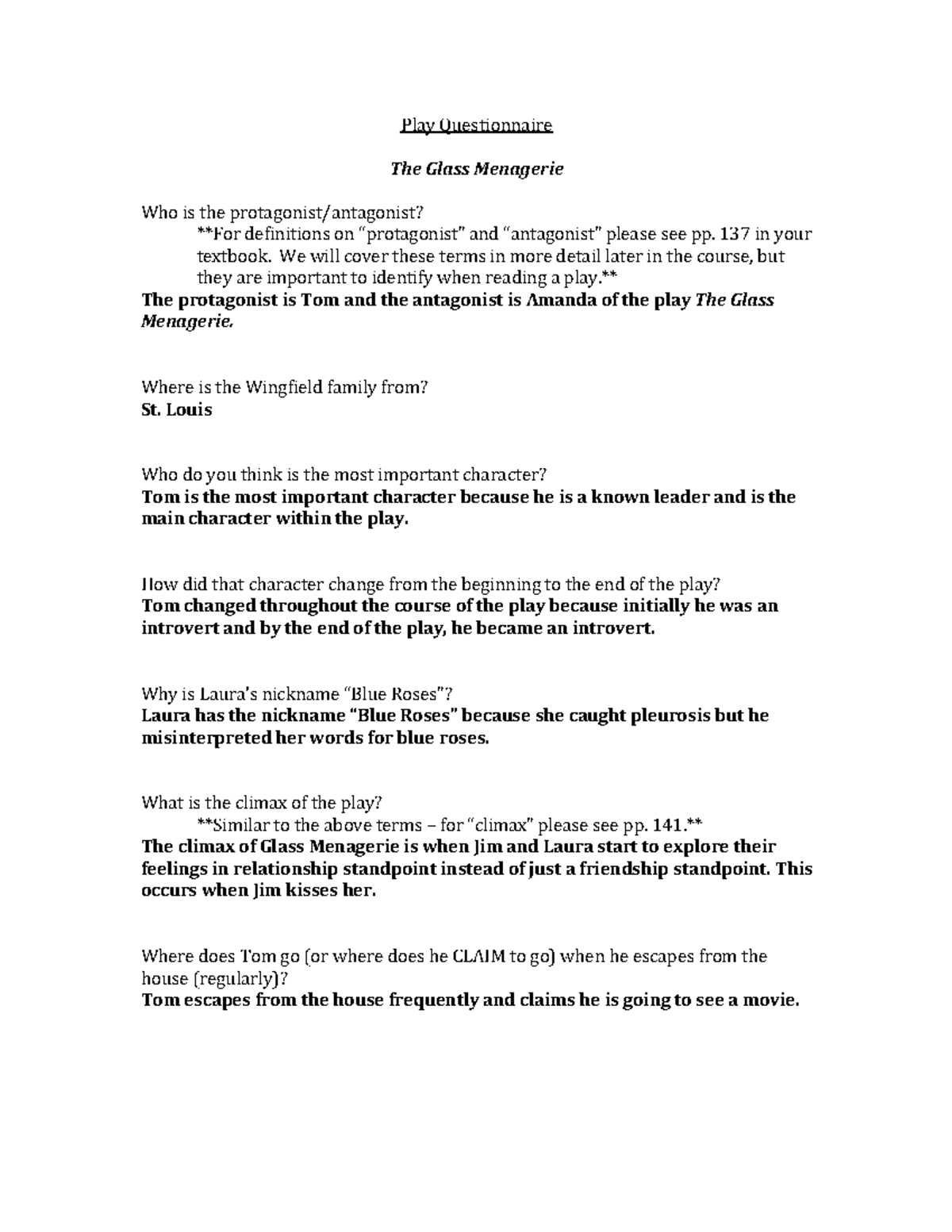 Glass Menagerie - Questionnaire - Play Questionnaire _The Glass ...