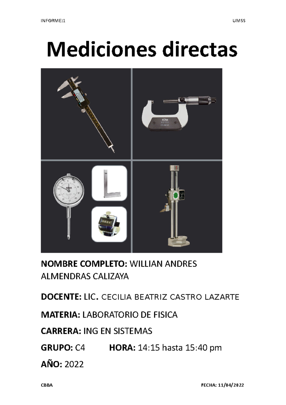 Mediciones directas - tarea - Mediciones directas NOMBRE COMPLETO ...