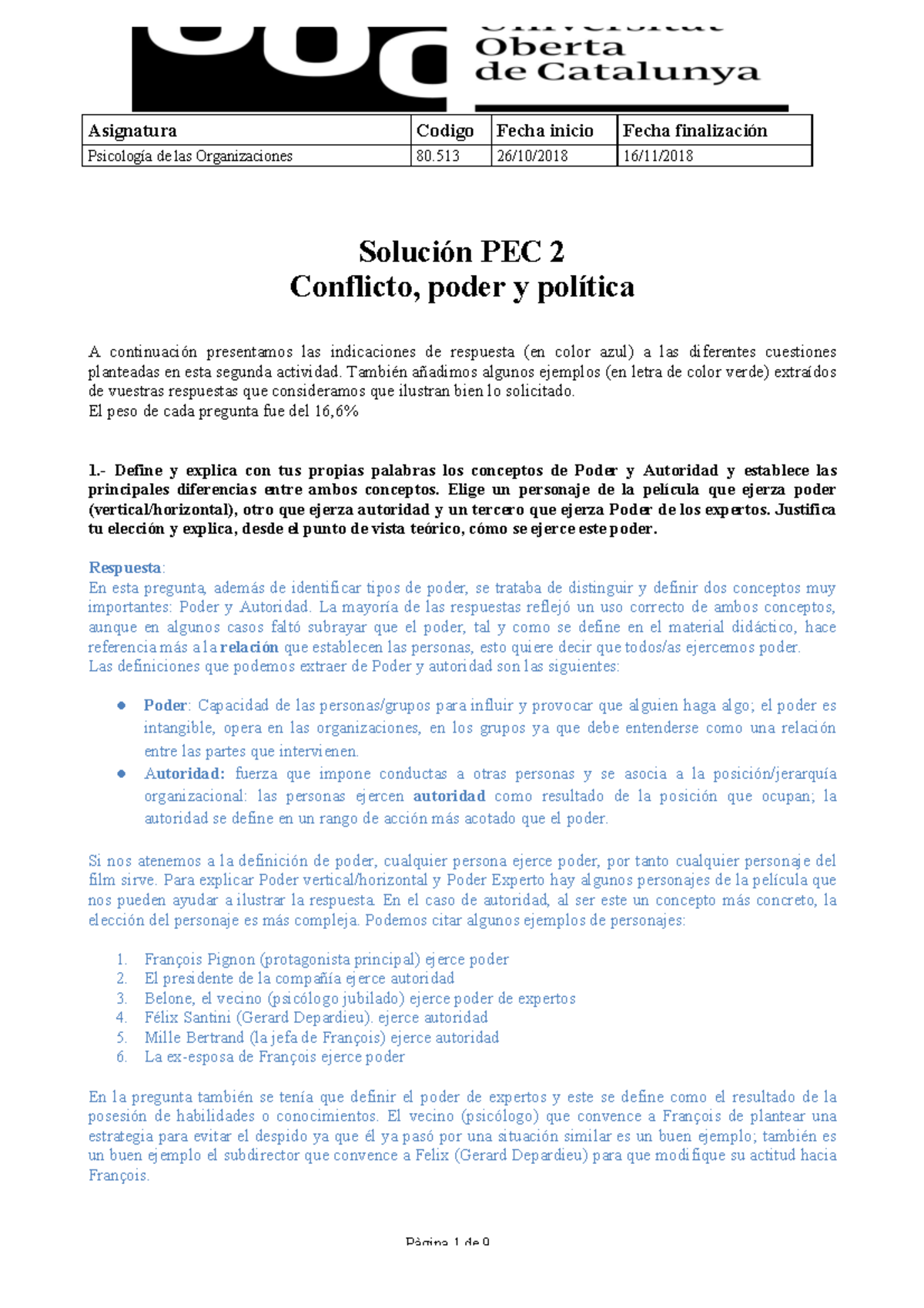Soluciones PEC 2 - PEC 2 - Asignatura Codigo Fecha inicio Fecha finalización Psicología de las ...