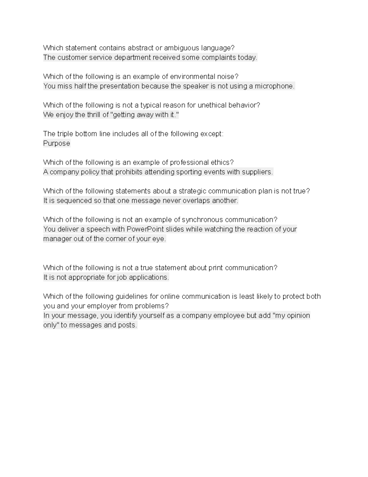 Quiz 2 part eight-Writing for business - Which statement contains abstract or ambiguous language ...