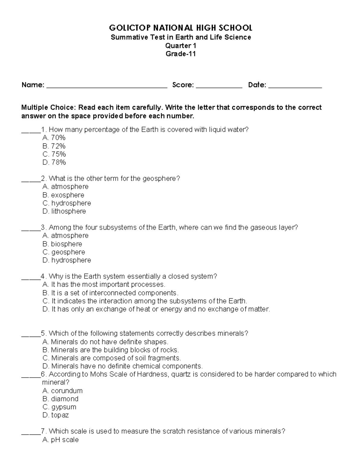 Edited Q1-G11-Earth-and-Life-Science-Summative - GOLICTOP NATIONAL HIGH ...