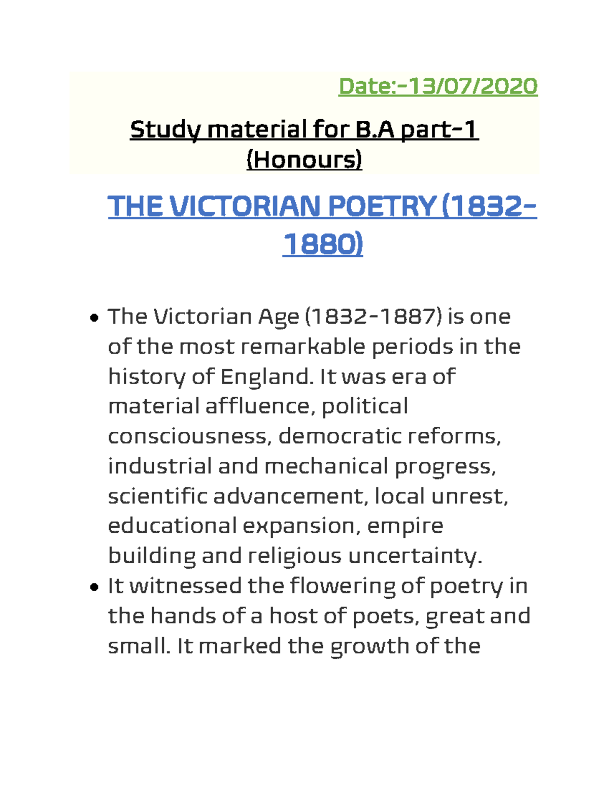 Victorian Poetry Lecture 3 - Date:- 13 / 07 / 2020 Study material for B ...