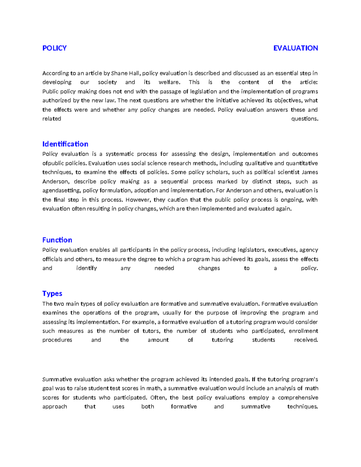Policy Evaluati-WPS Office - POLICY EVALUATION According to an article ...