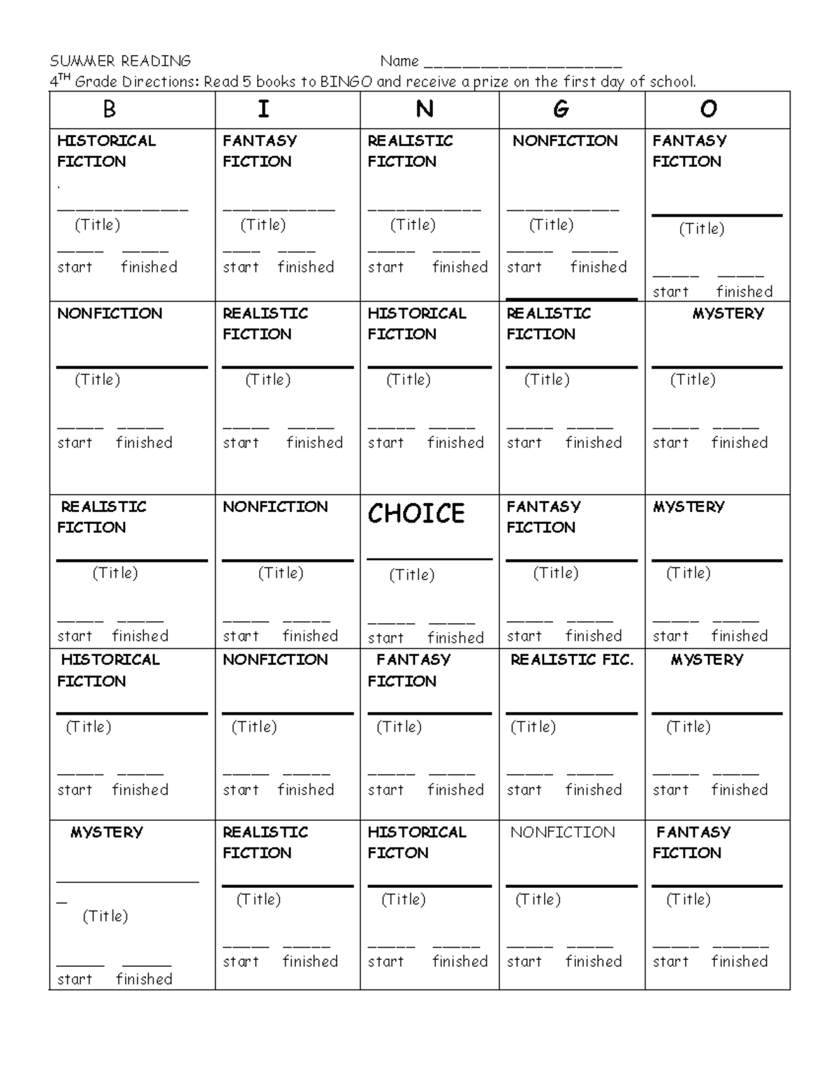 4th Grade ELA Summer Bingo - SUMMER READING Name ...