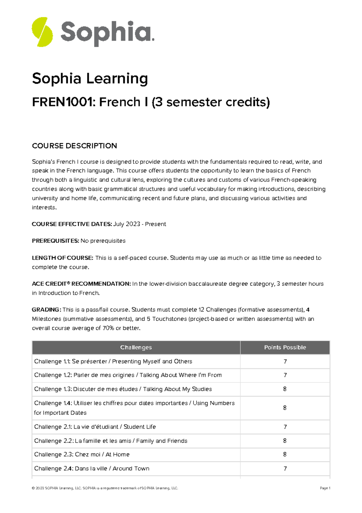 Sophia french i syllabus - Sophia Learning FREN1001: French I (3 ...
