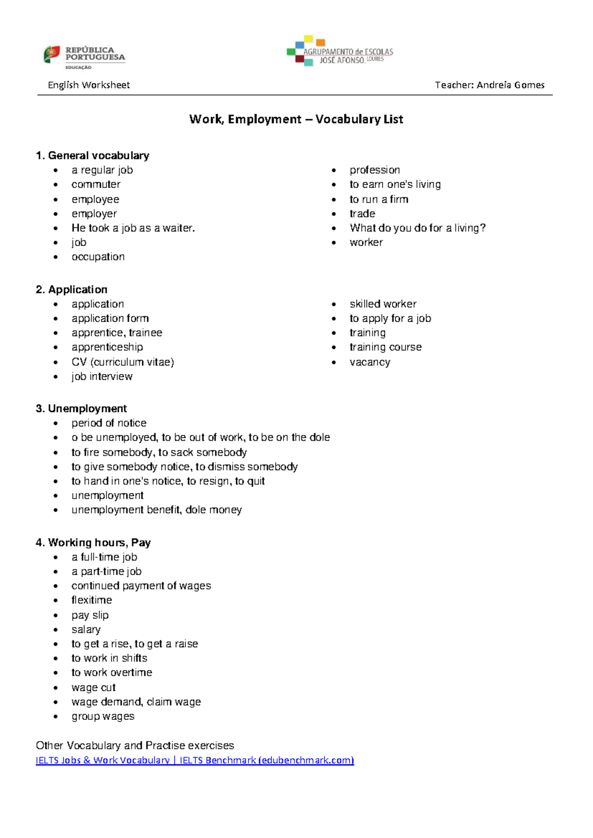 Vocabulary related to Work - English Worksheet Teacher: Andreia Gomes ...