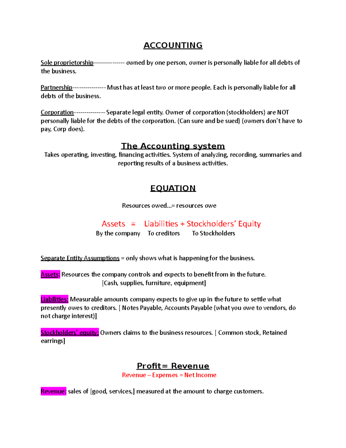 Accounting - ACCOUNTING Sole proprietorship- owned by one person, owner ...