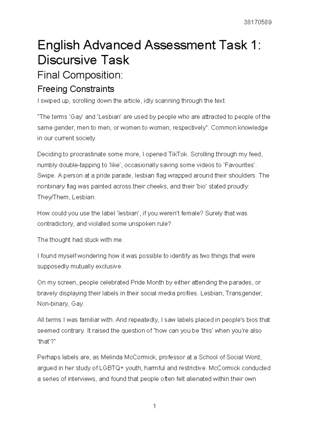 English Advanced Assessment Task 1 - Discursive Task - English Advanced Assessment Task 1: - Studocu