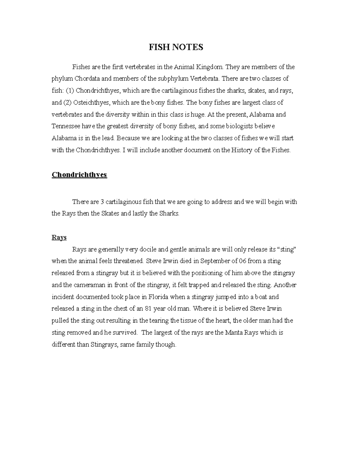 Fish Notes: Chondrichthyes Skates Rays and Sharks - Studocu