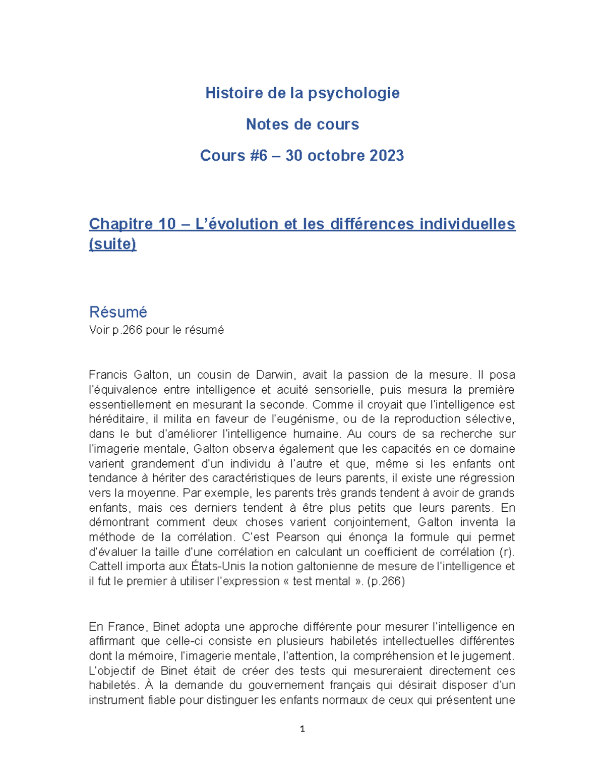 Notes de cours 6 - 30 octobre - Histoire de la psychologie Notes de ...