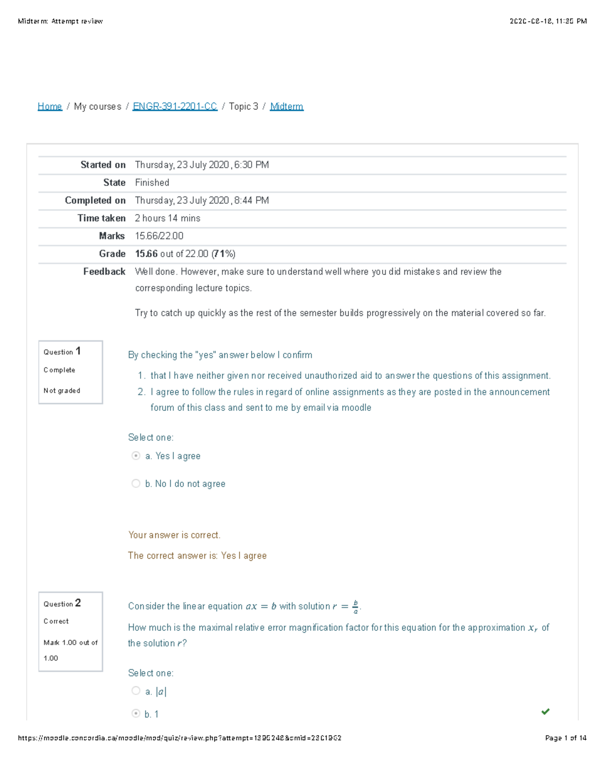 Midterm 1 - Home / My courses / ENGR-391-2201-CC / Topic 3 / Midterm ...