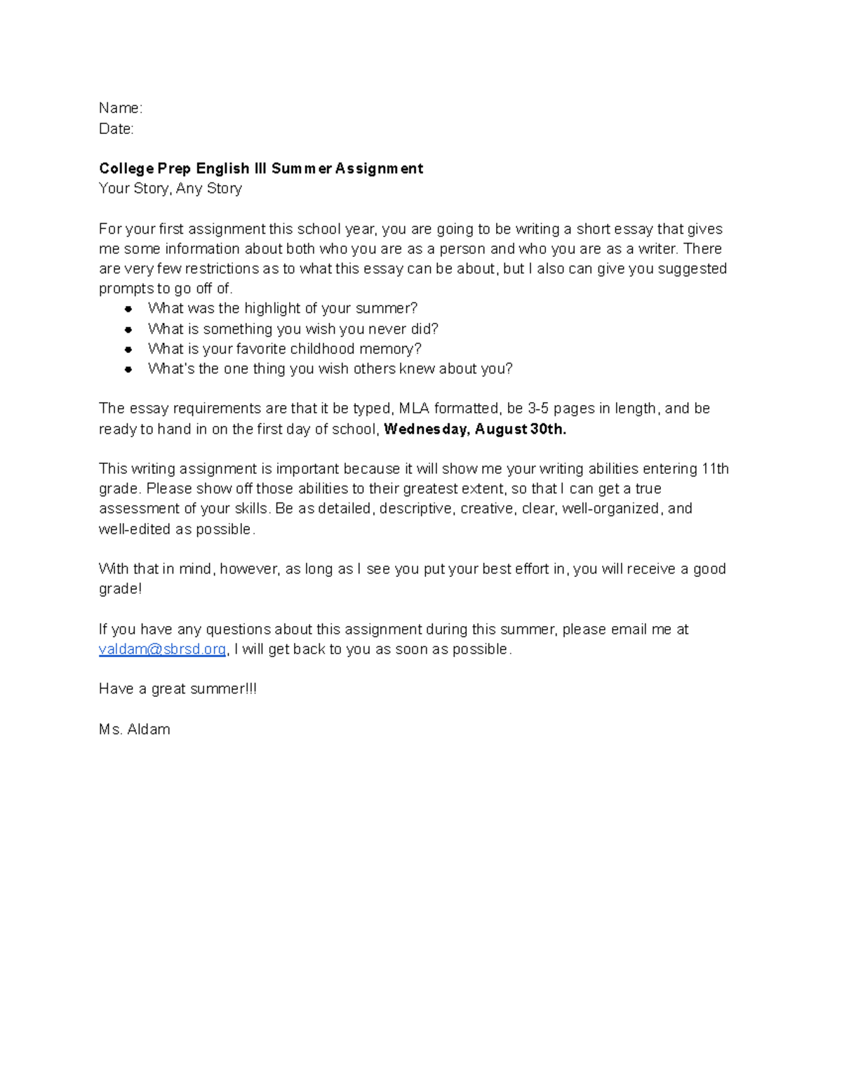 College Prep English III Summer Assignment - Name: Date: College Prep ...