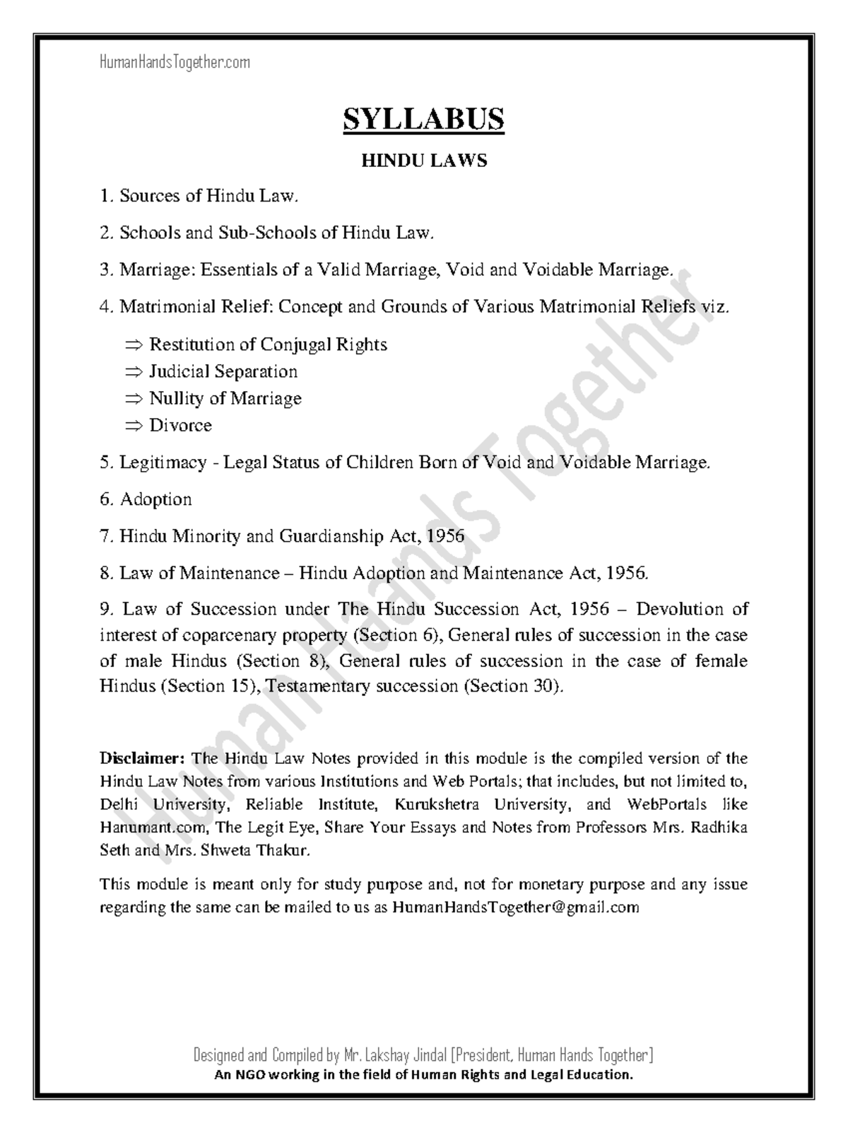 hindu law lecture notes - Designed and Compiled by Mr. Lakshay Jindal ...