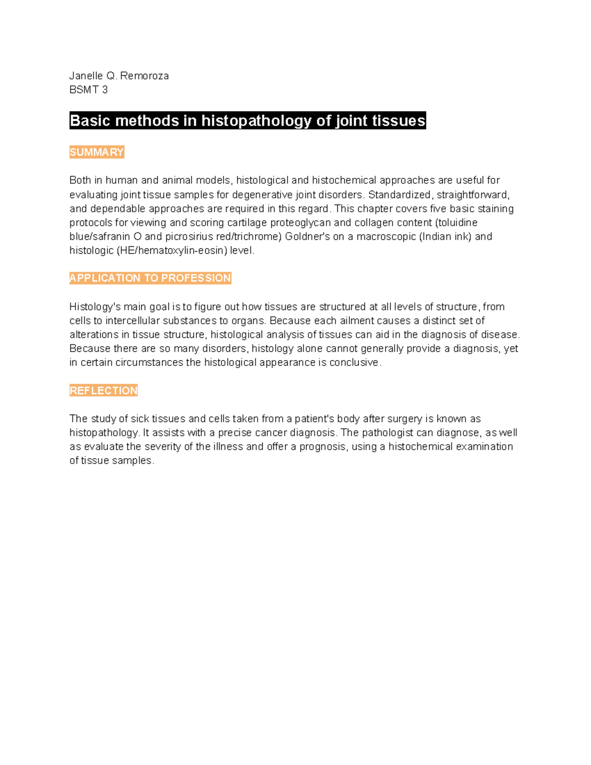 2 Histopath Journal Remoroza - Janelle Q. Remoroza BSMT 3 Basic methods ...