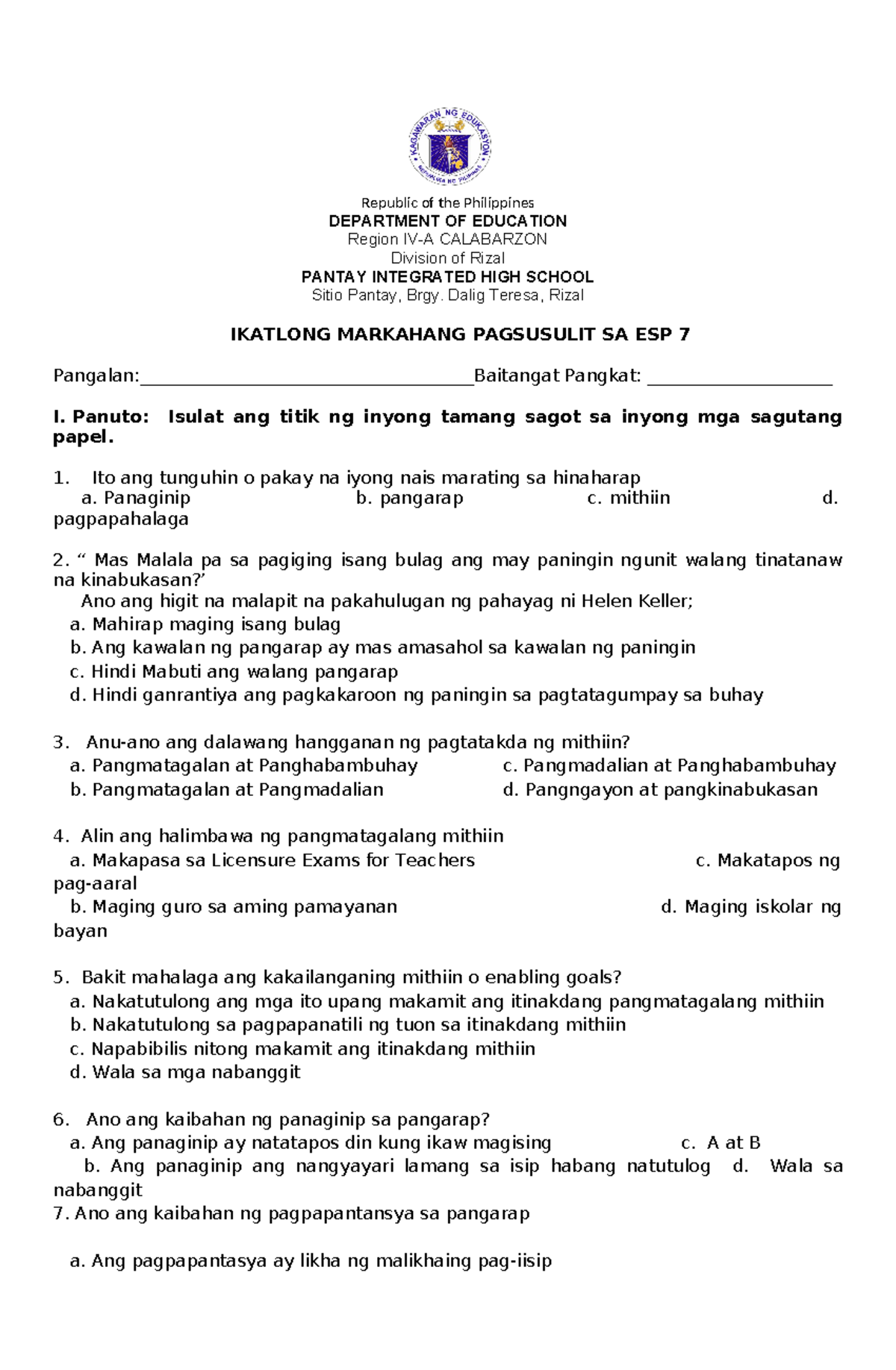 ESP 7 - test - Republic of the Philippines DEPARTMENT OF EDUCATION ...