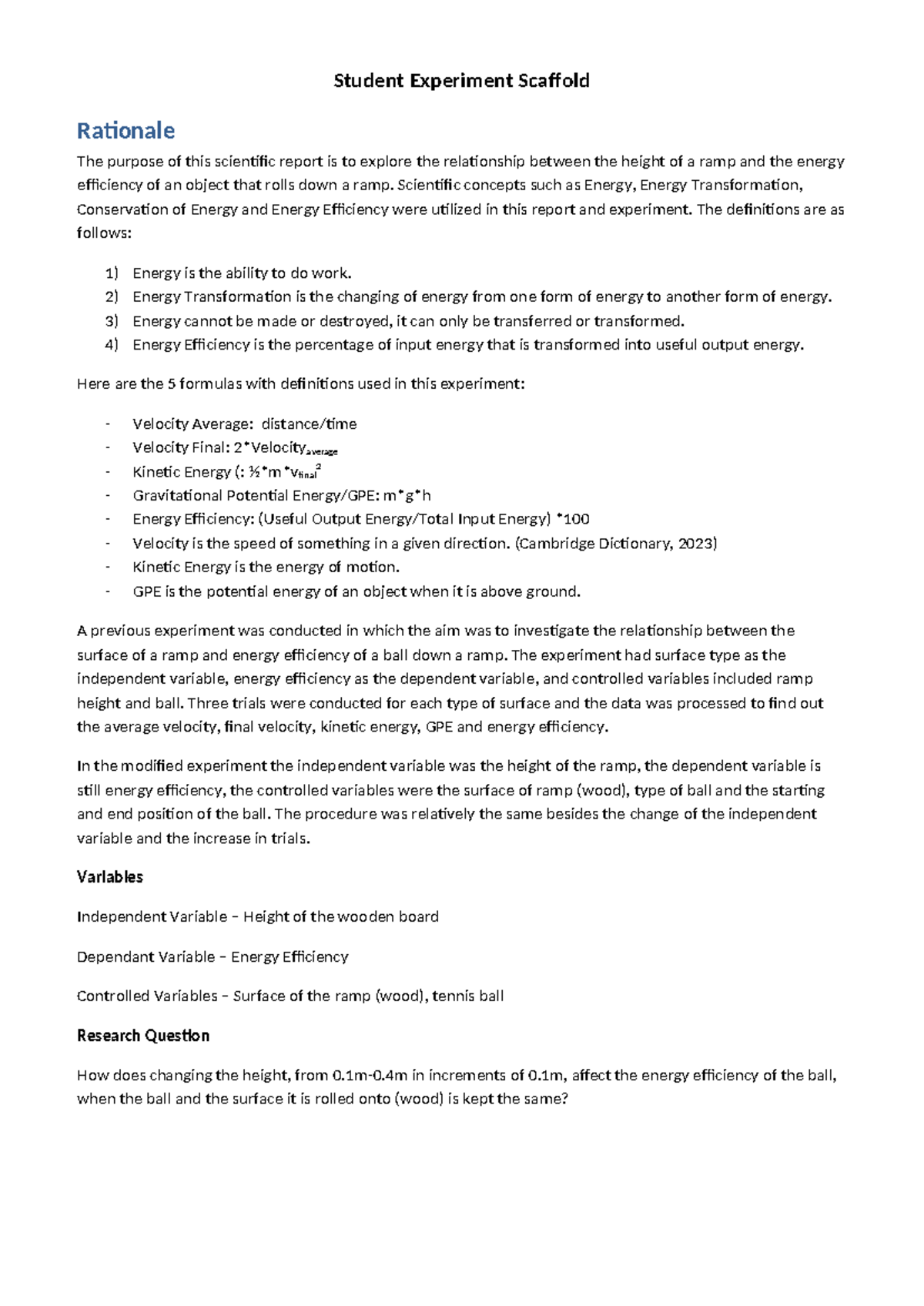 Student Experiment Physics - Student Experiment Scaffold Rationale The ...