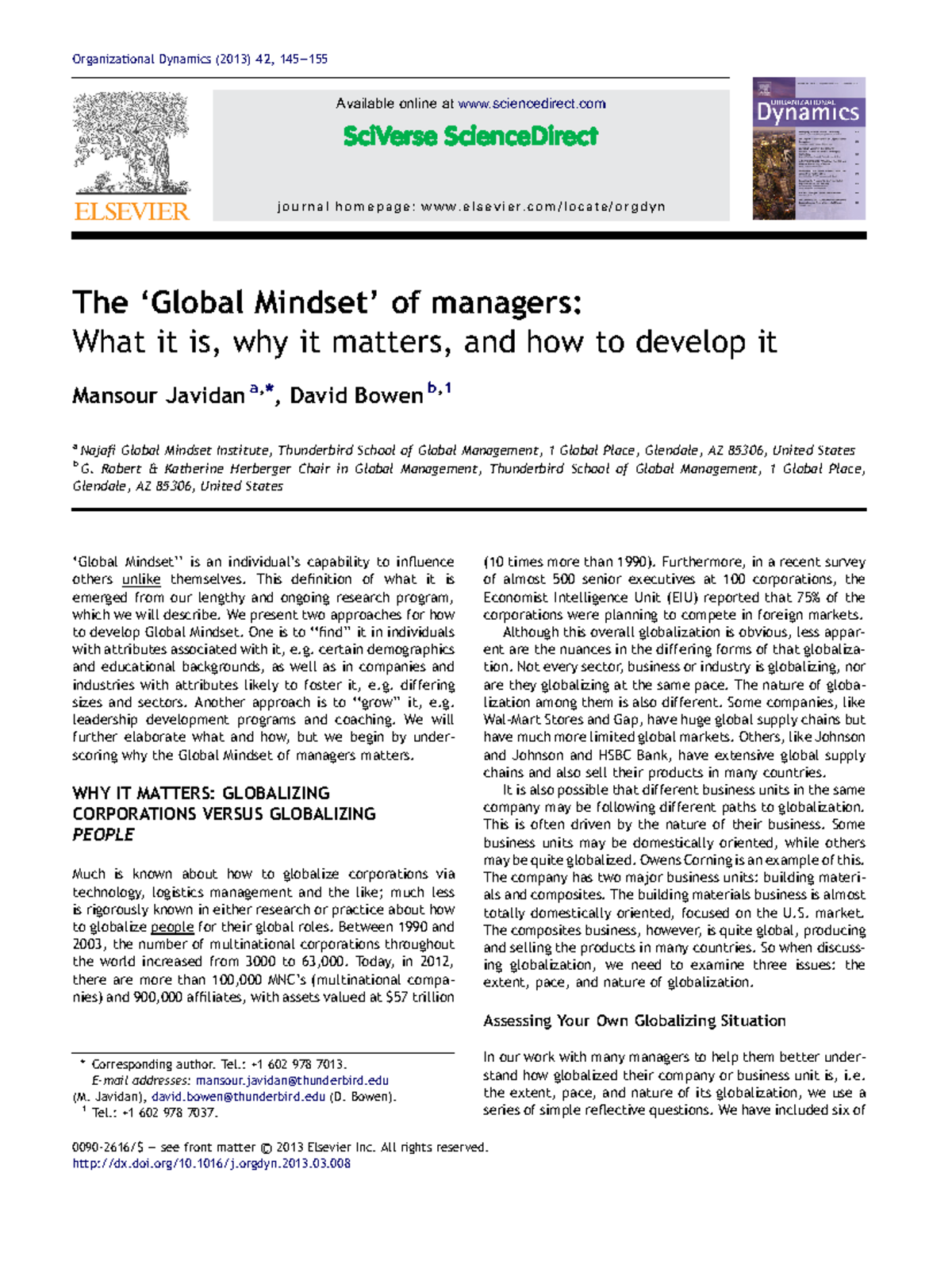 Javidan and Bowen - 2013 - The ‘Global Mindset’ of managers What it is, why - The ‘Global ...