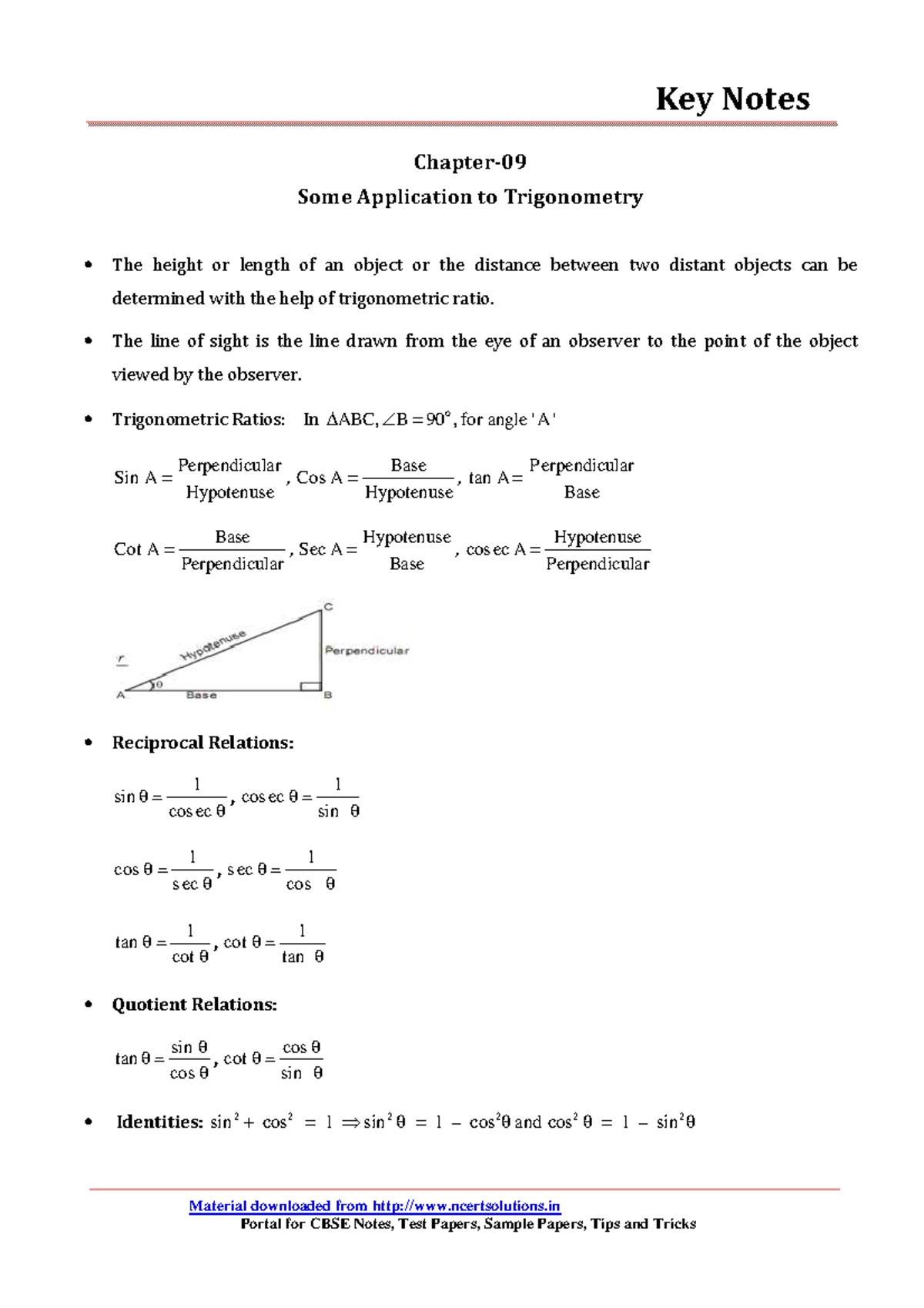 10 maths key notes ch 09 some application to trigonometry - Key Notes ...