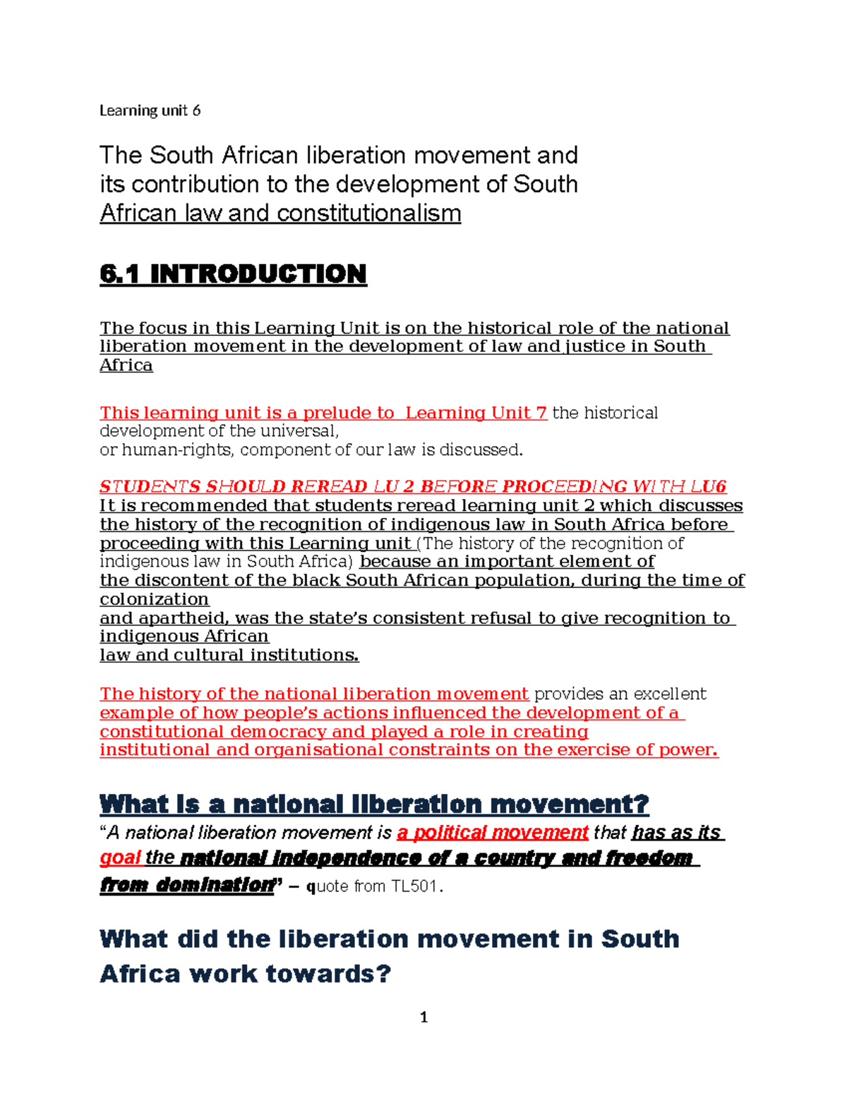 Summaryof Learningunit 6 - Learning unit 6 The South African liberation ...