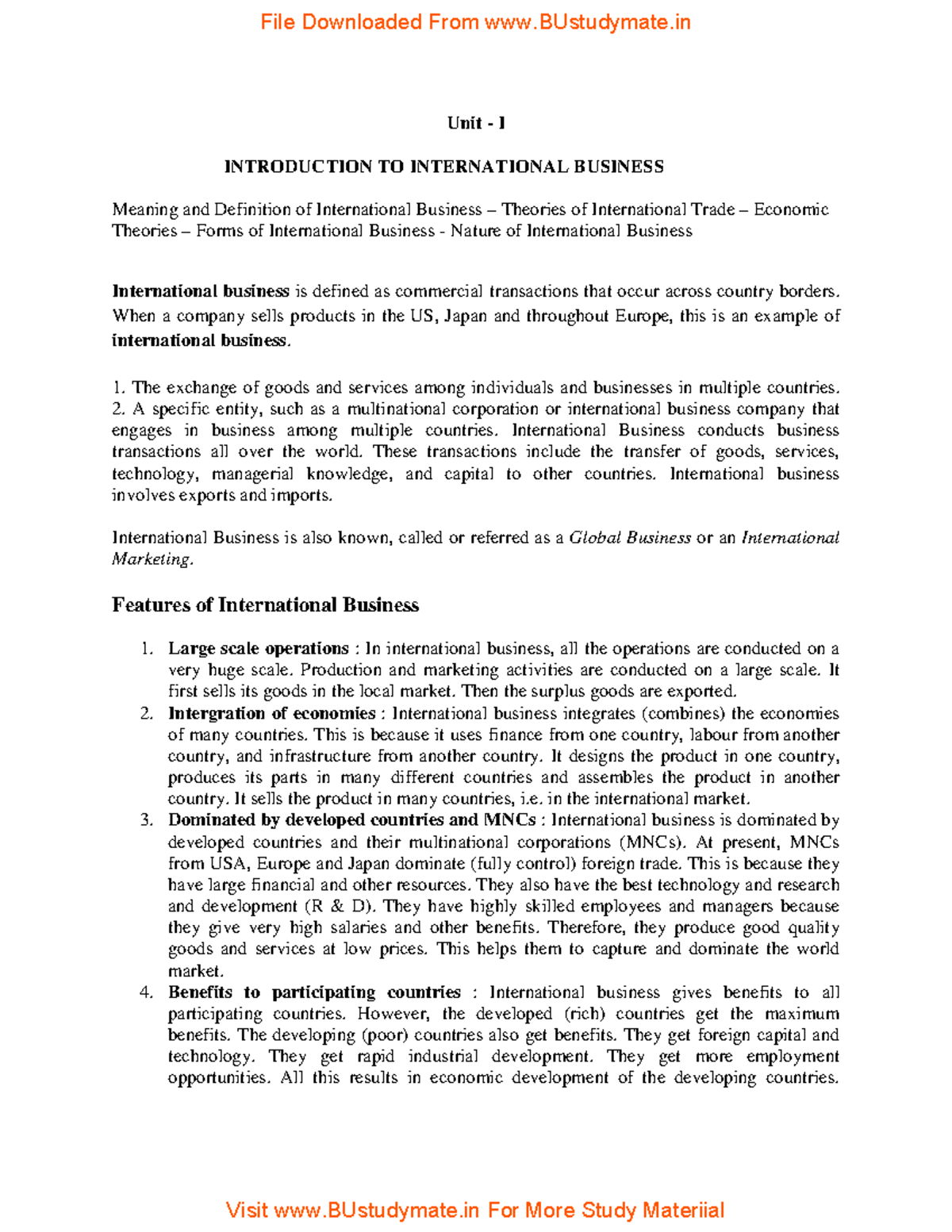 IB BBA UNIT 1 - International business notes - Unit - I INTRODUCTION TO ...