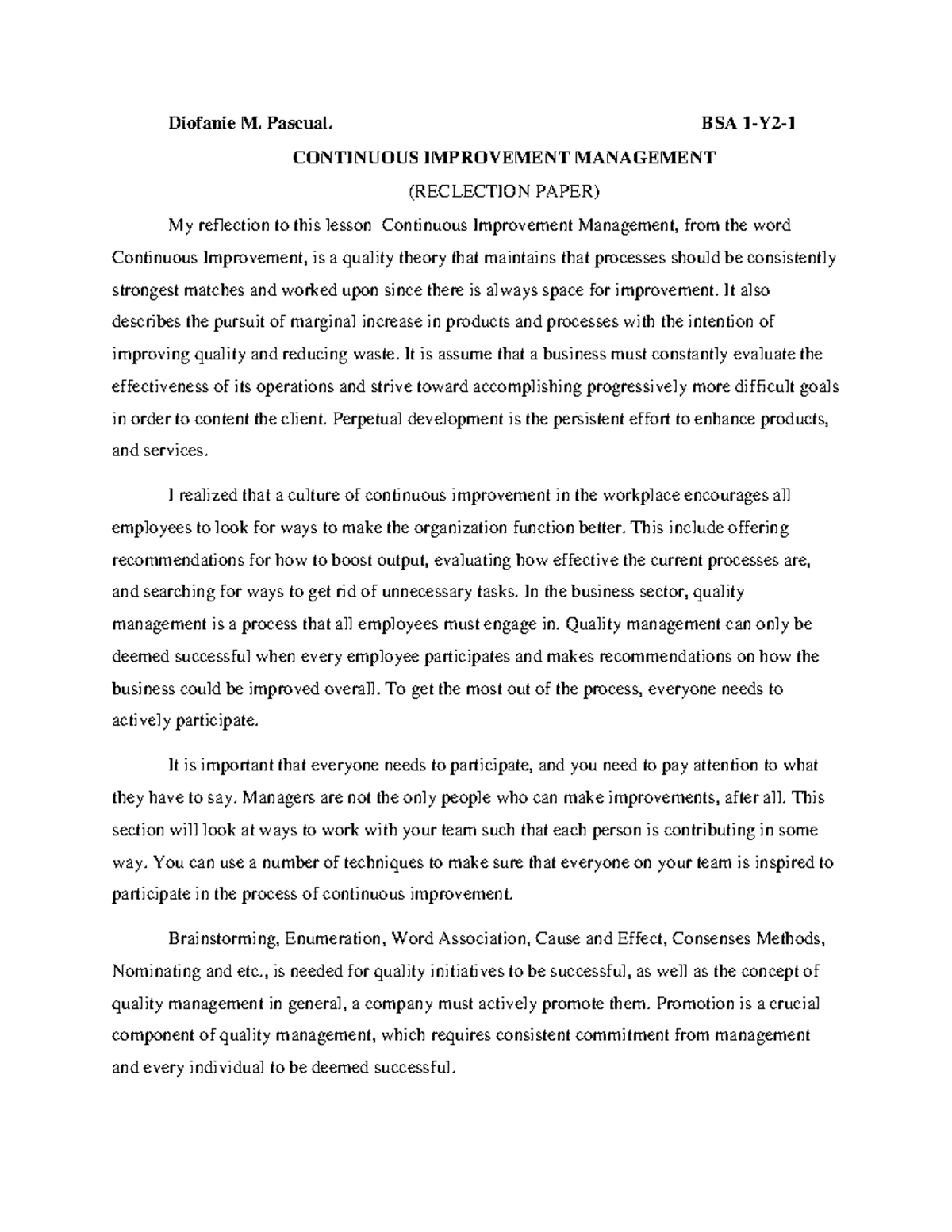 Reflection Paper - Diofanie M. Pascual. BSA 1-Y2- CONTINUOUS ...