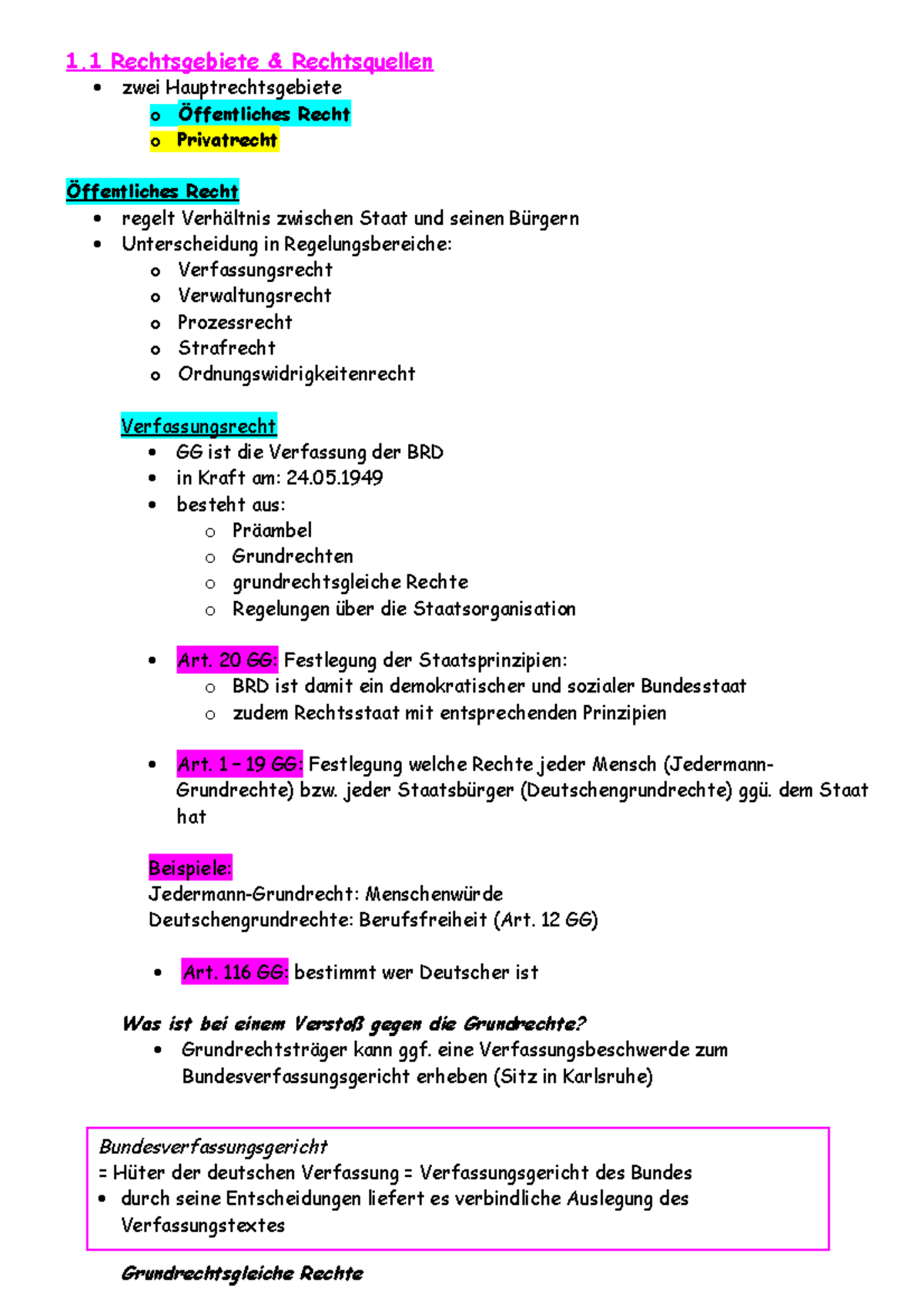 L 1 - Zusammenfassung des Skripts und Lernhilfe - 1 Rechtsgebiete ...