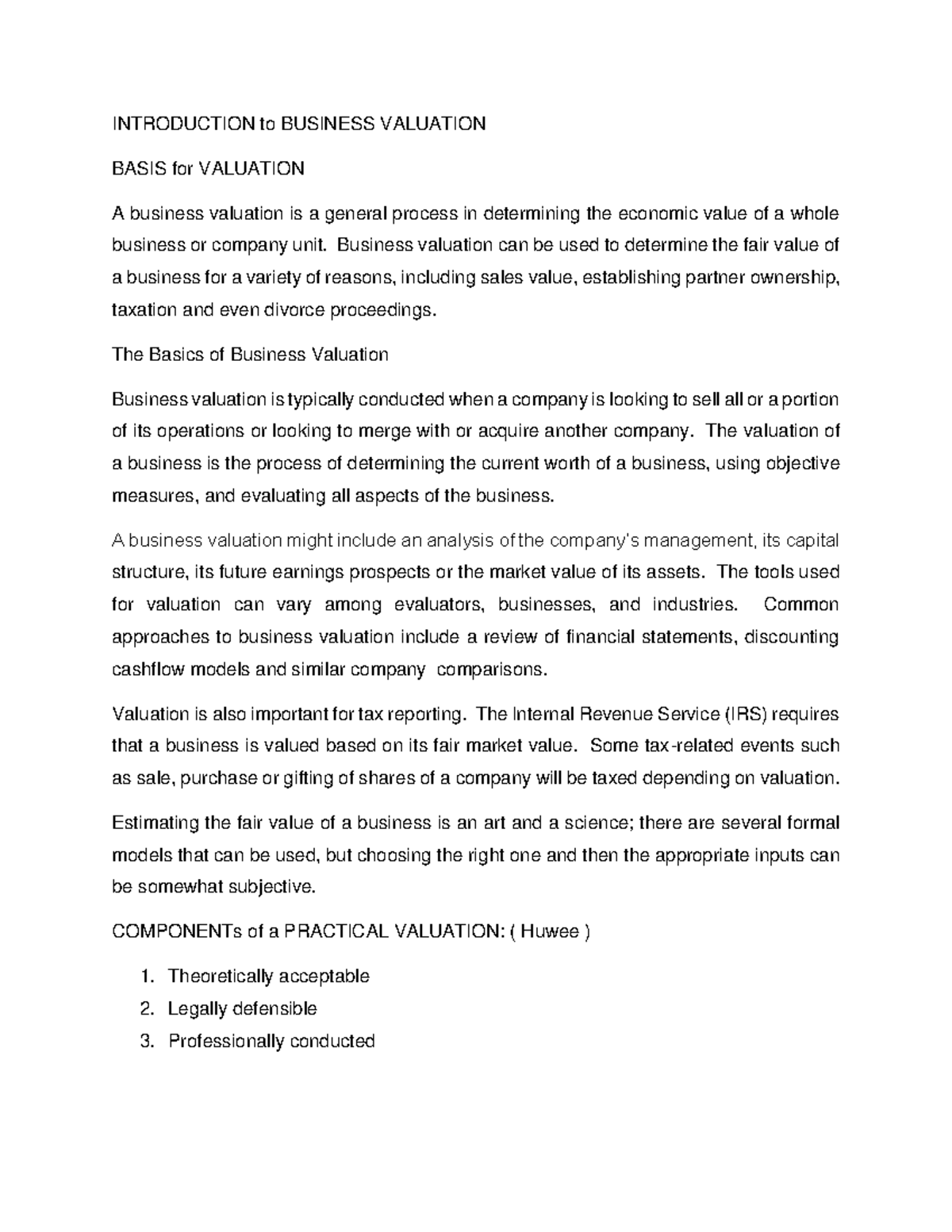 Introduction TO Business Valuation - INTRODUCTION to BUSINESS VALUATION BASIS for VALUATION A ...