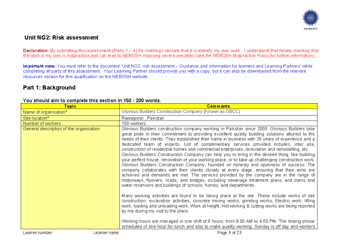 REPORTS FOR IG2 - Unit NG2: Risk assessment Declaration: By submitting this assessment (Parts 1 ...