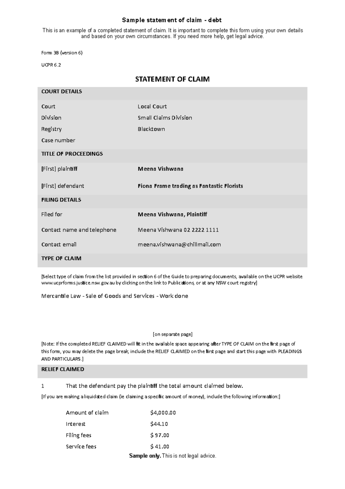 T4 Statement of claim sample 2 - Sample statement of claim - debt This ...