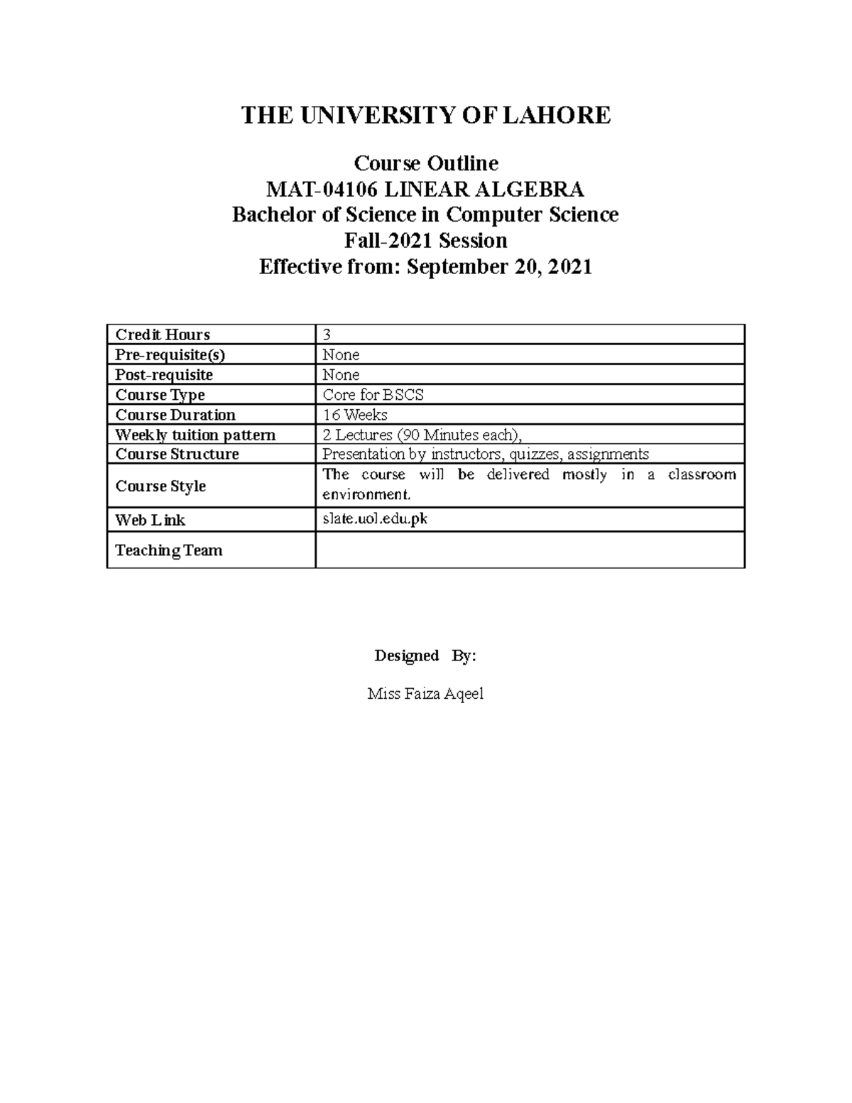 Course Outline Linear Algebra F2022 - THE UNIVERSITY OF LAHORE Course ...